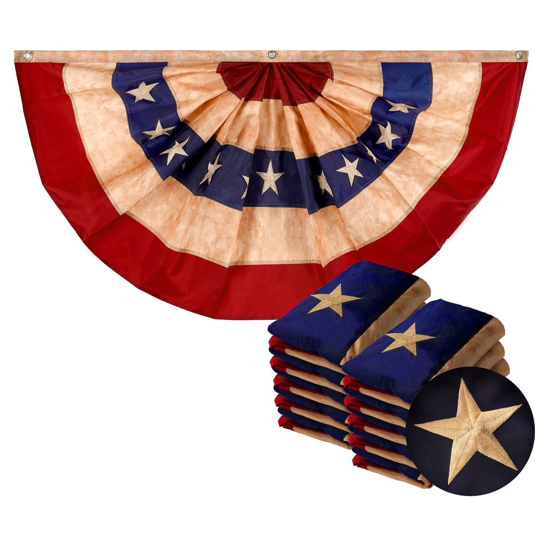 10 Pack Tea Stained Pleated Fan Flag: Embroidered Stars & Stripes (3x6 ...