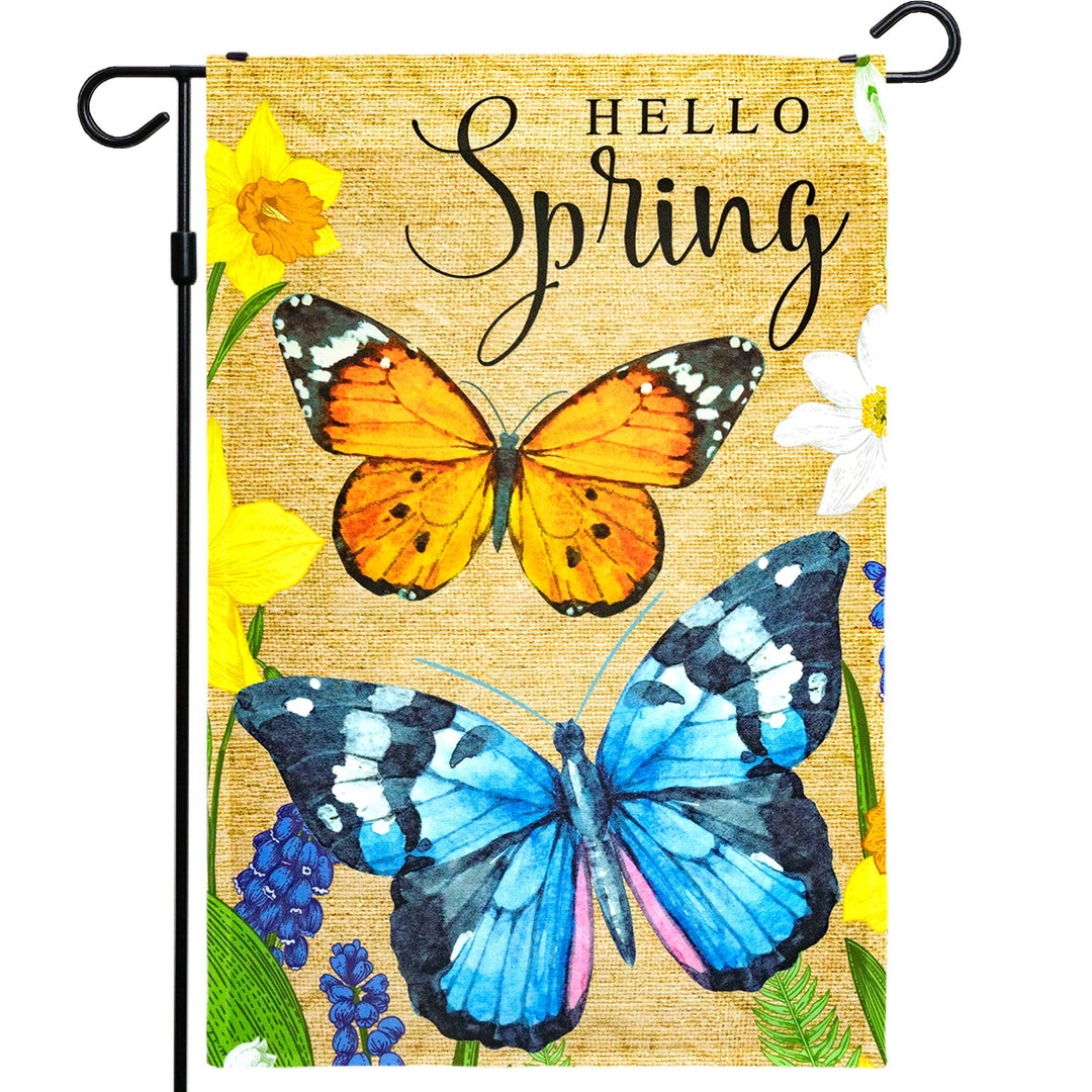 G128 - Hello Spring Butterflies and Flowers Garden Flag, Rustic Holiday ...