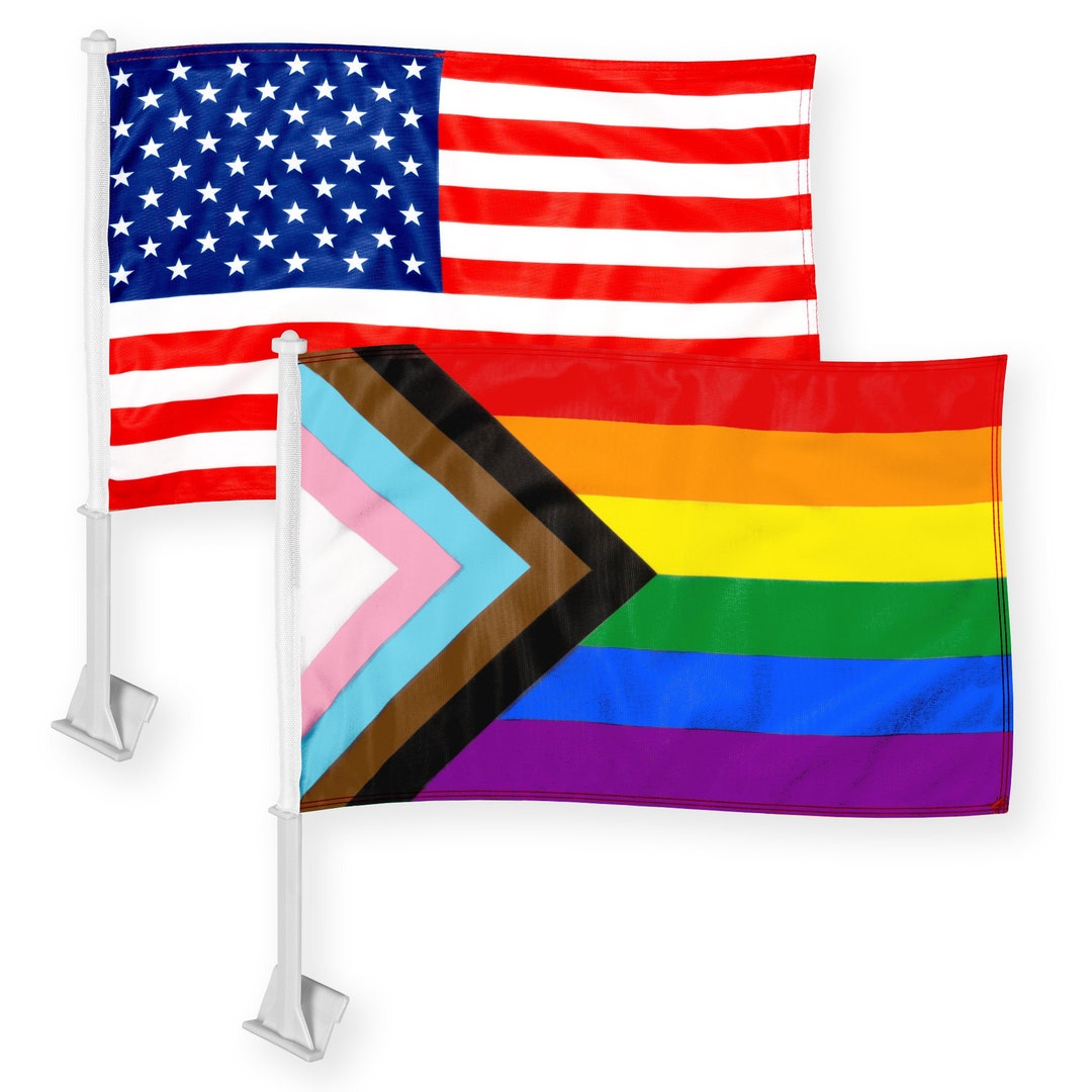 G128 Combo Pack: American USA Car Flag & LGBT Progress Rainbow Pride ...