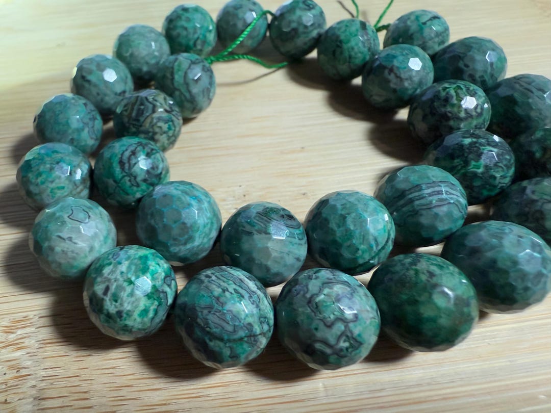 1 String of 14mm Natural Green Picture Jasper Beads, Smooth Faceted ...
