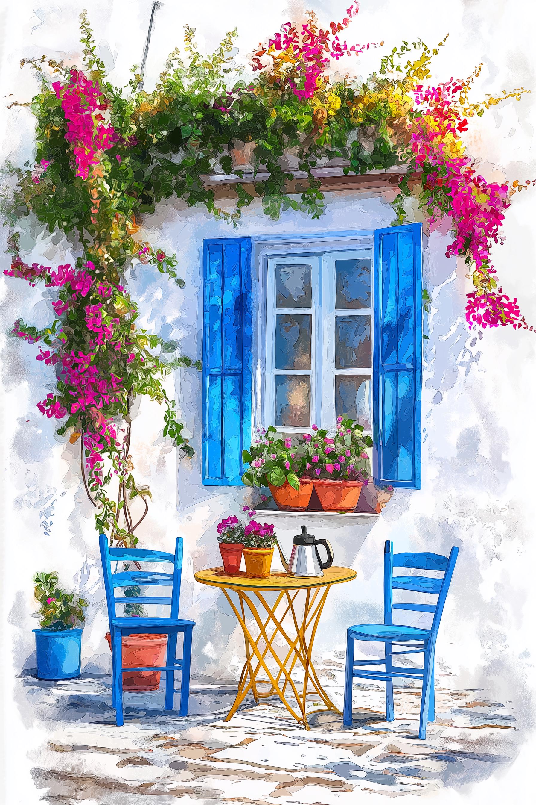 Greek Island Terrace Wall Art – Blue Shutters & Bougainvillea ...