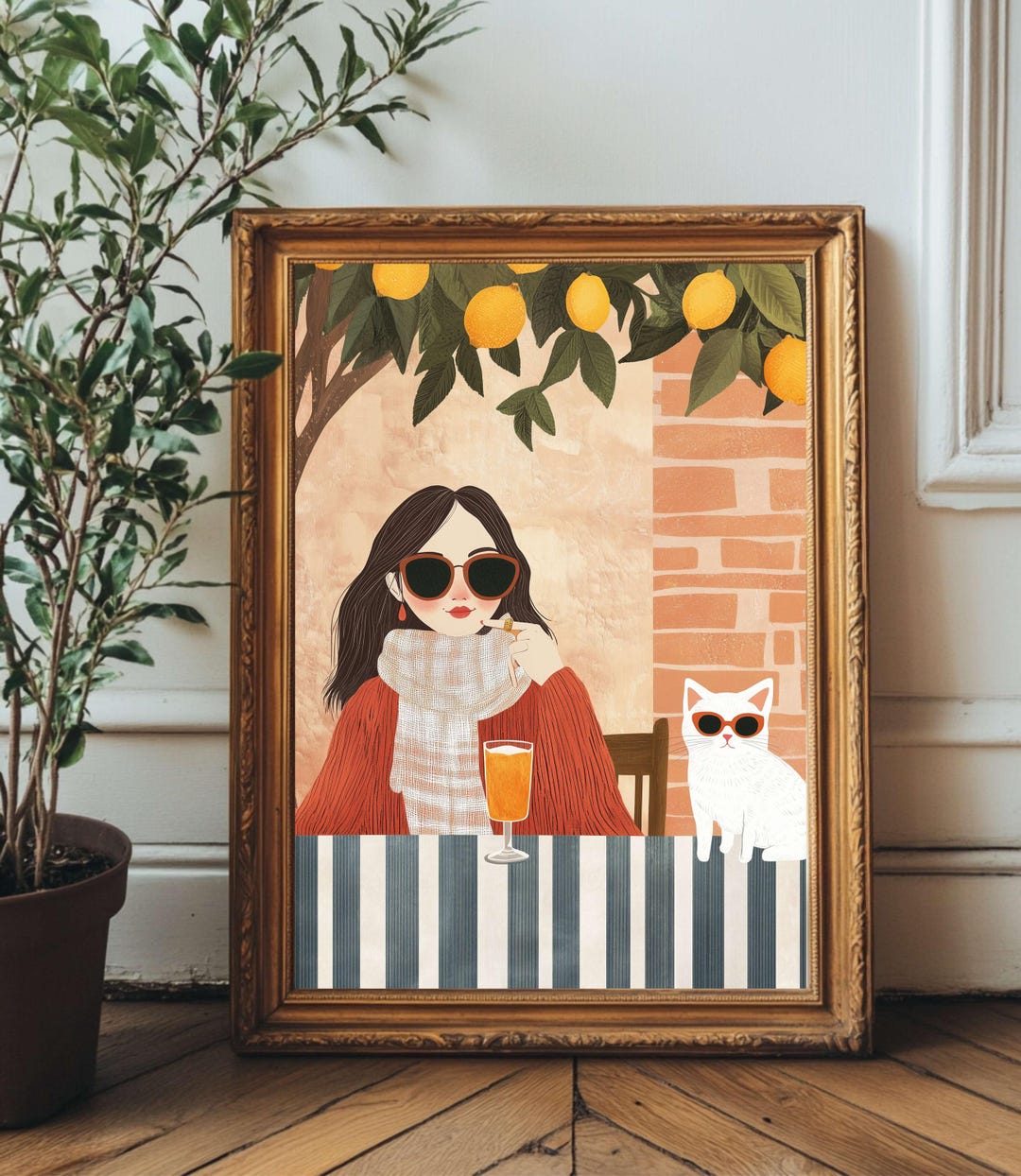 Cat and Girl Under Lemon Tree Art – Printable Cafe Scene (digital ...