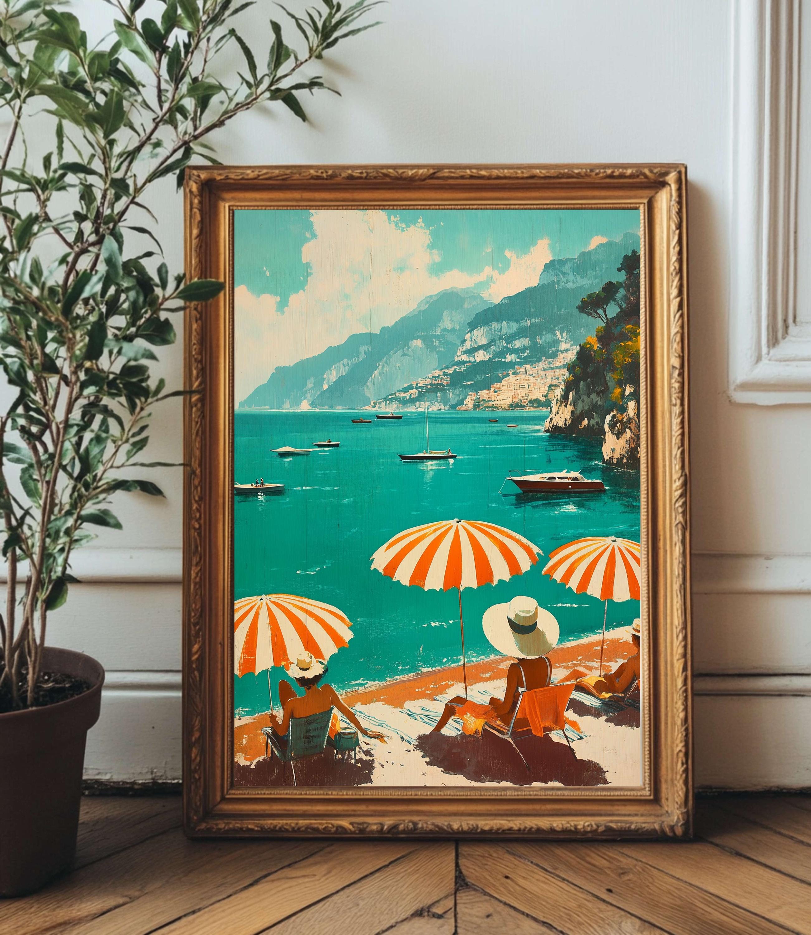 Retro Amalfi Coast Print | Mid-century Italy Beach Scene (digital ...