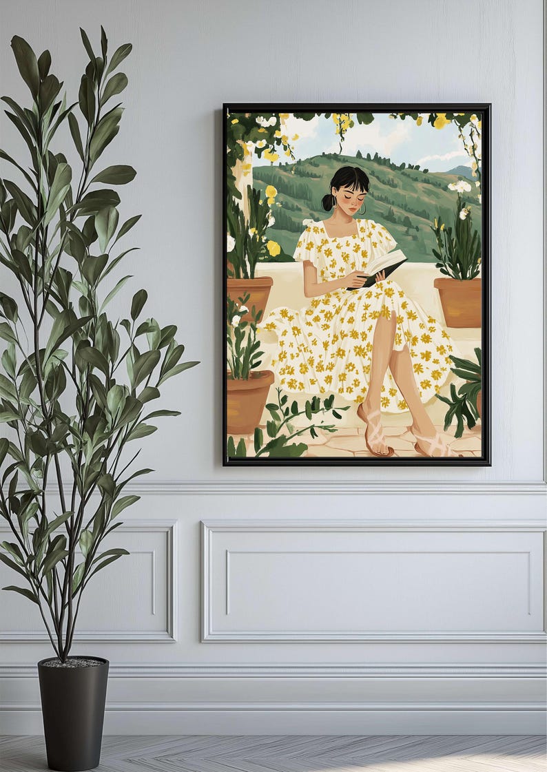 Girl Reading Art Print – Boho Floral, Mediterranean Decor (digital ...