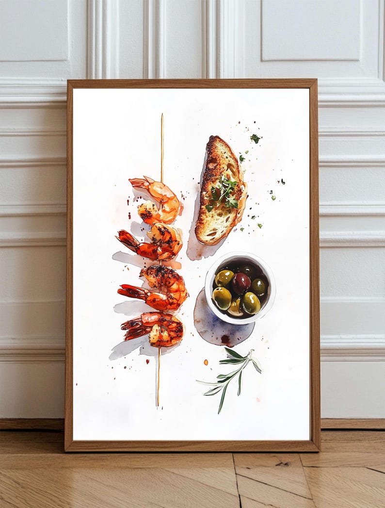 Mediterranean Tapas Watercolor Print – Shrimp, Olives, Toast (digital ...