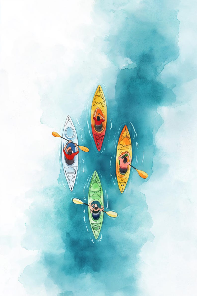 Watercolor Kayaking Lake Print | Aerial Canoe Art (digital Download) - Etsy