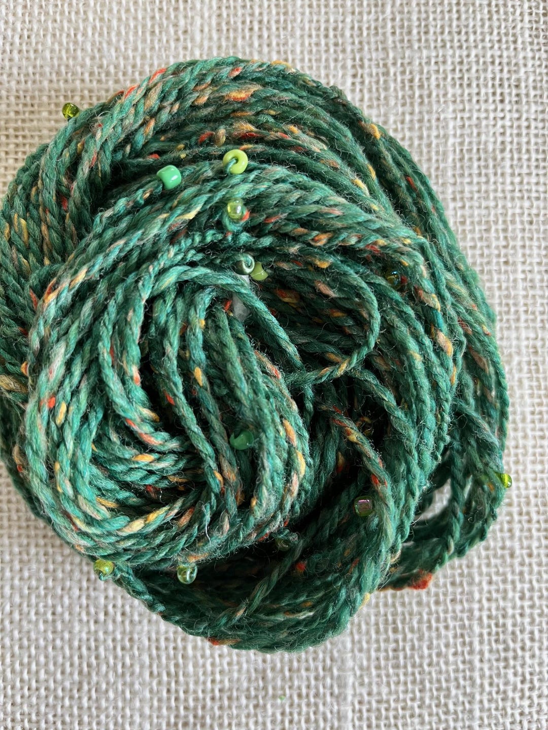 Green Tweed Yarn With Green Beaded Pigtails Hand Spun Merino With Green ...