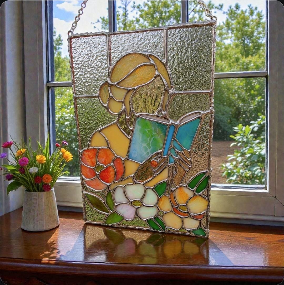 Stained Glass Woman Reading • Floral Window Art by Nery - Etsy
