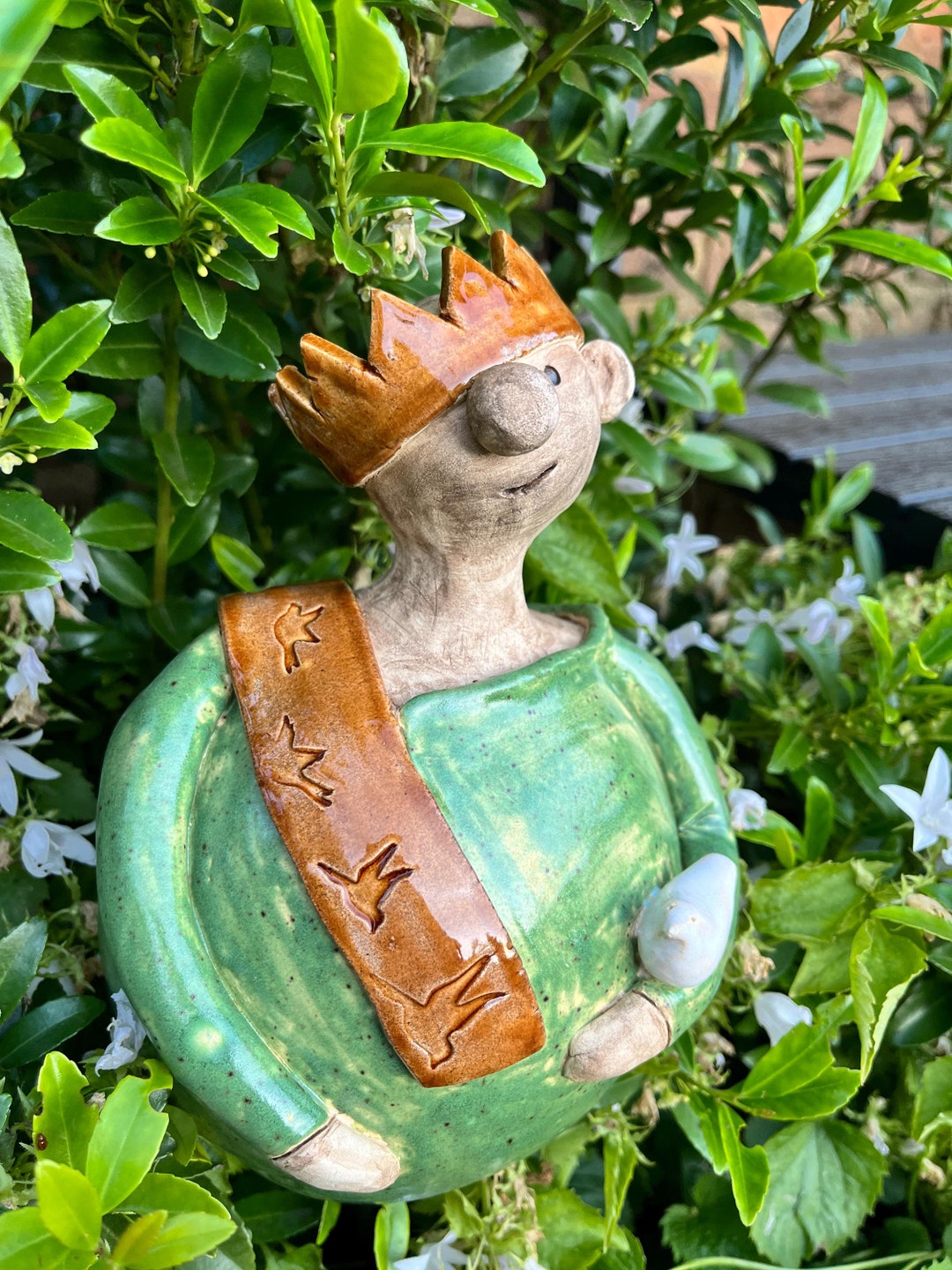 Garden Ceramics, King With Crown, Garden Stake, Handmade, Green-brown ...
