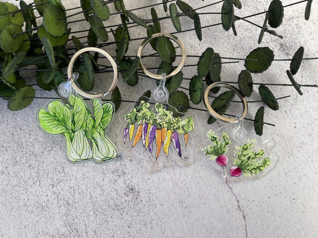 Vegetable Keychain Set, Carrots, Bok Choy, Radishes, Watercolor ...