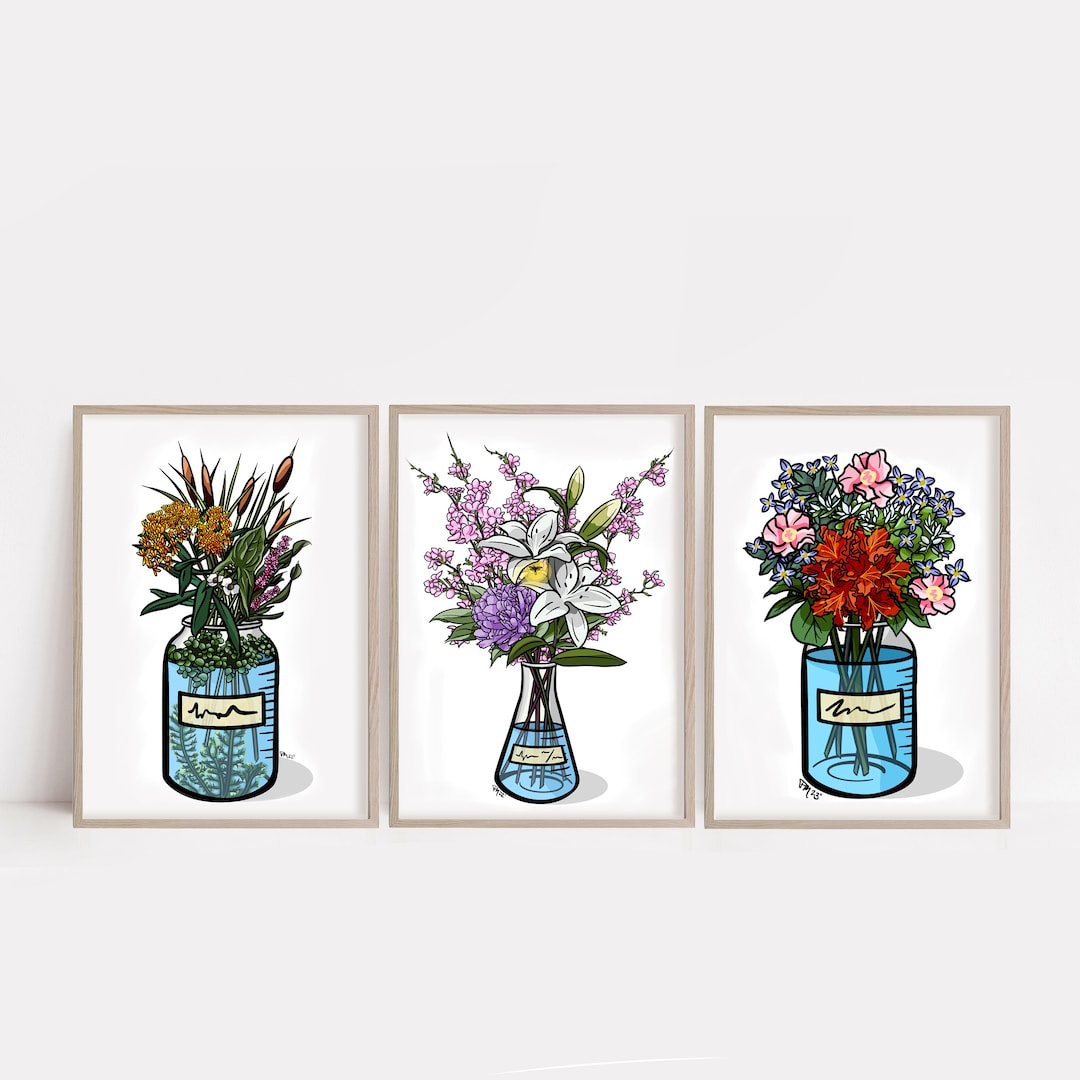 Science Poster Set Floral Art Prints Flask Bouquet Wall Art Set Flower ...
