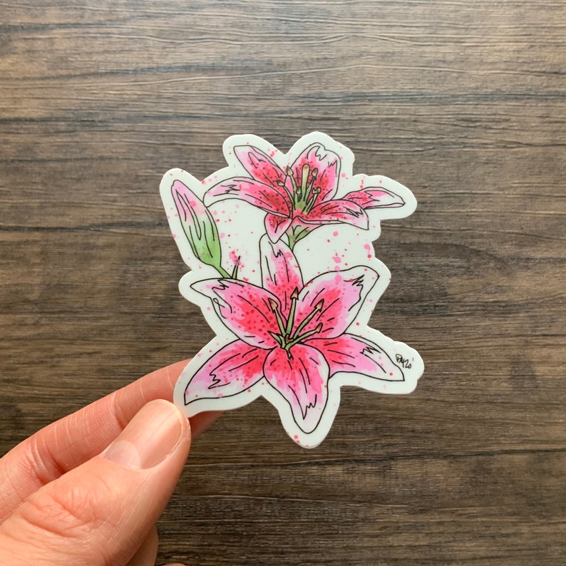 Pink Lily Vinyl Sticker, Lillies Sticker, Watercolor Flower Sticker ...