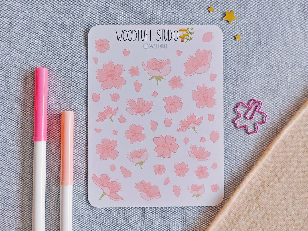 Sakura Cherry Blossom Sticker Sheet - Hand Drawn Pink Floral Decals for ...