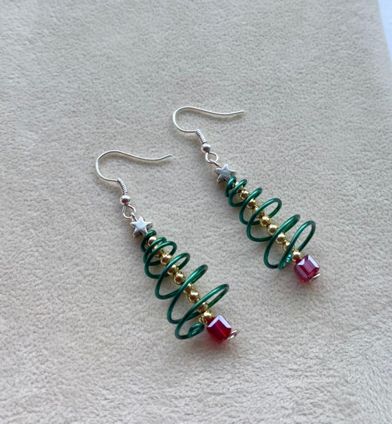 Christmas Tree Earrings Wire Xmas Tree Earrings Green and Red Dangle Earrings Festive Jewellery Secret Santa Seasonal Christmas Gift Etsy