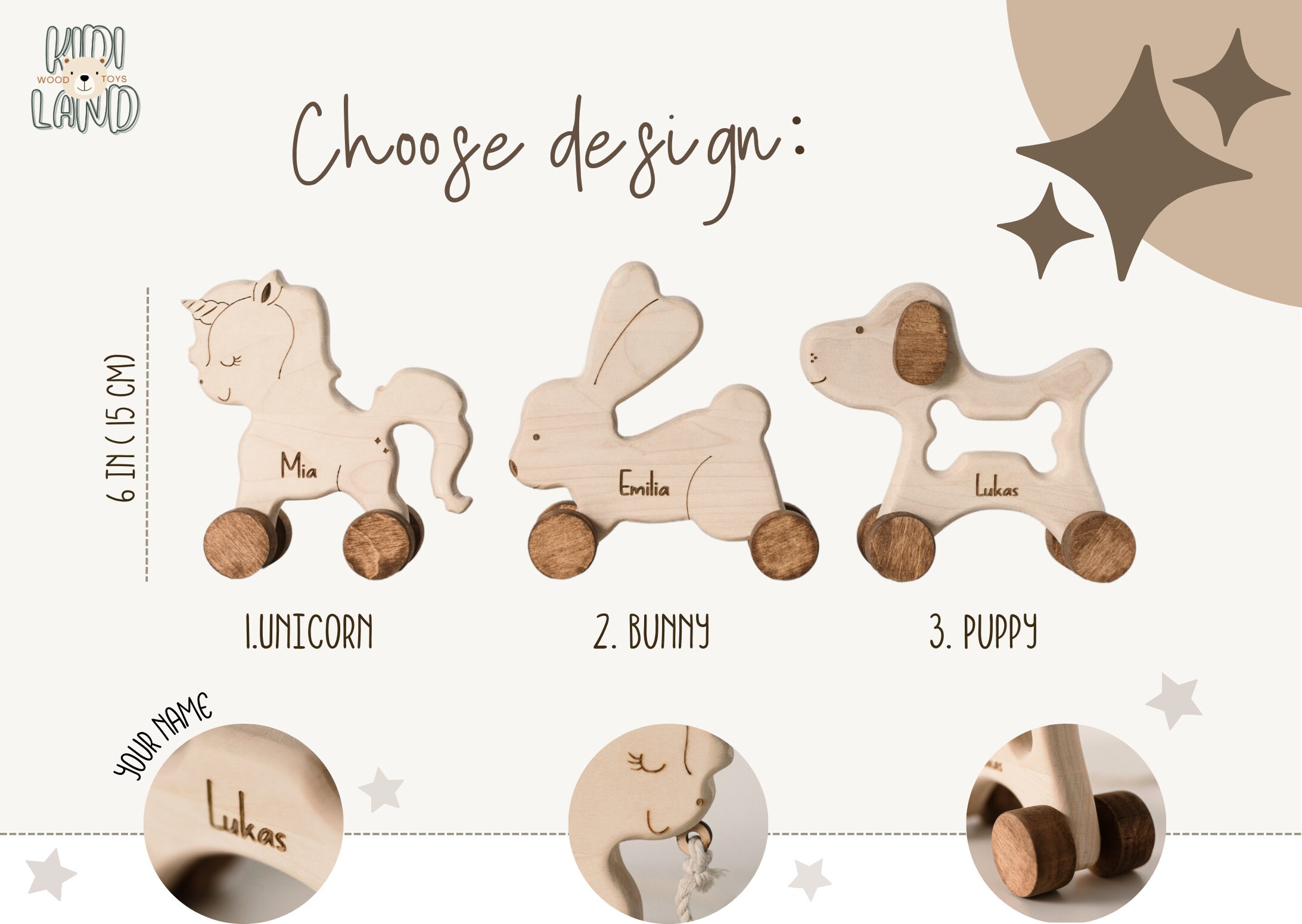 Personalized Wooden Animals on Wheels, Pull Along Dog, Push Toy for 1 2 ...