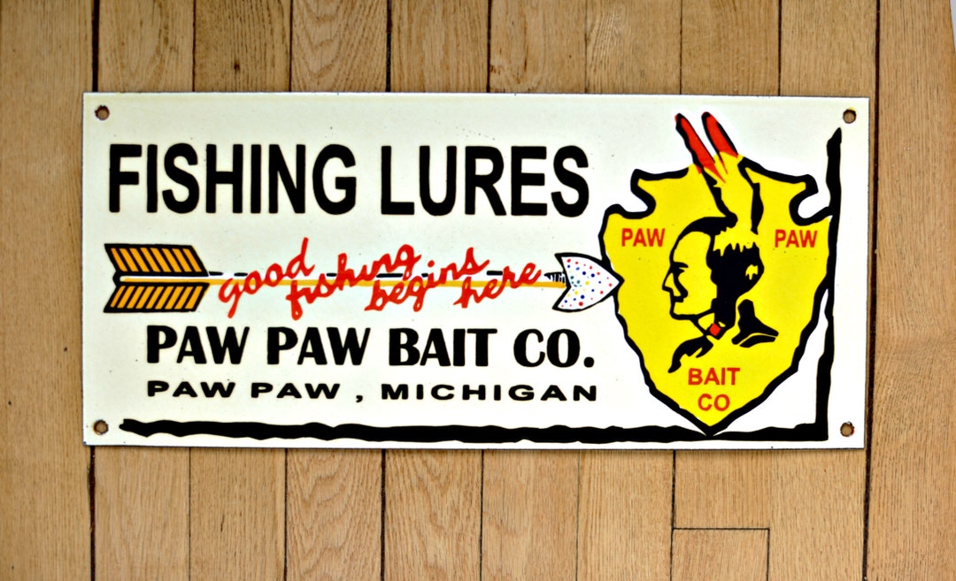Porcelain Pawpaw Fishing Lure Sign Bait Water Home Garage Man Cave ...