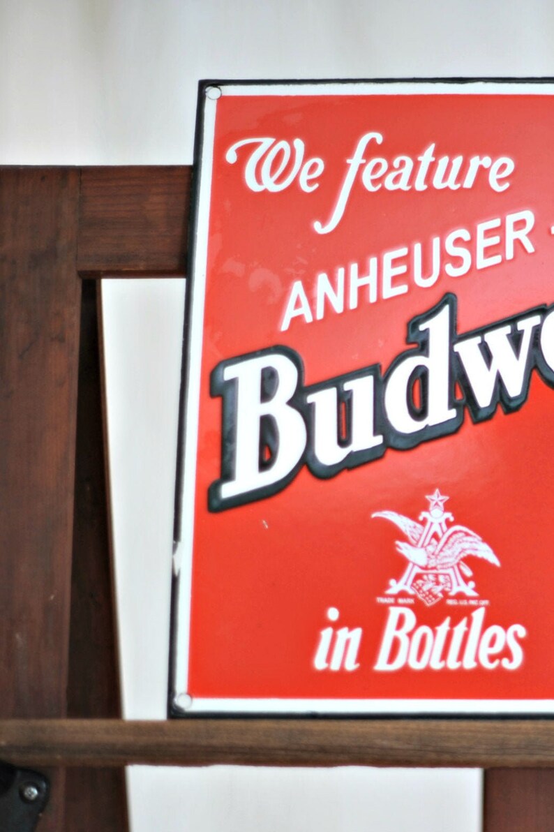 Porcelain Iconic Budweiser Advertising Sign Vintage Bud Beer Bar Man ...