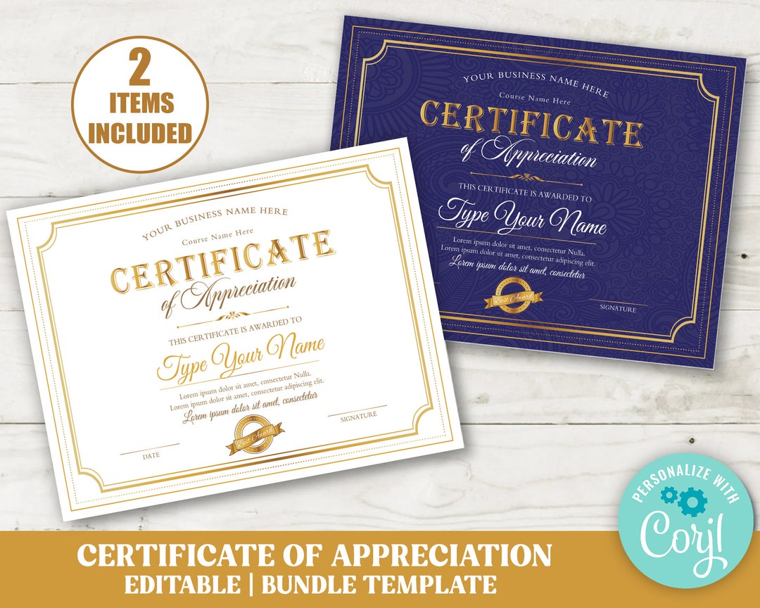 Certificate of Appreciation Bundle, DIY Royal Blue and White ...