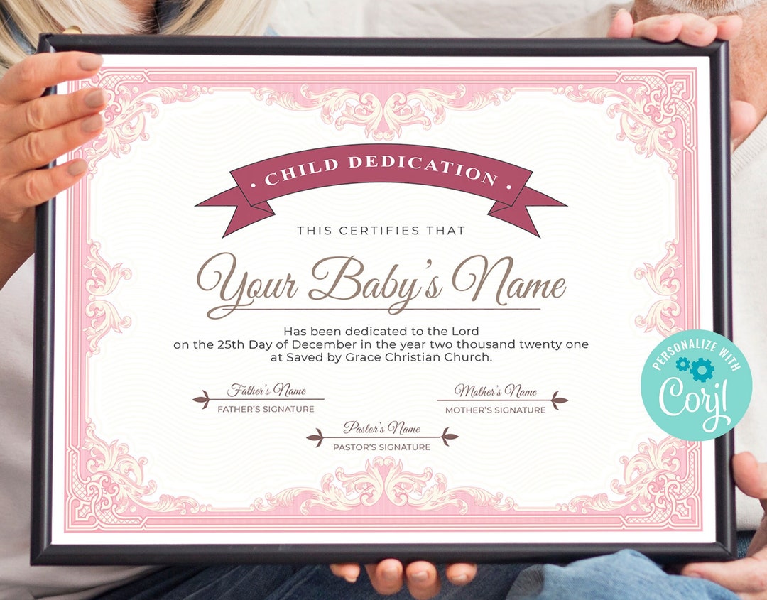 EDITABLE Pink Baby Dedication Certificate Template, Girl Baby ...