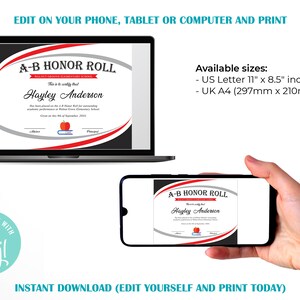 Editable AB Honor Roll Certificate Template, Red Black School Award ...