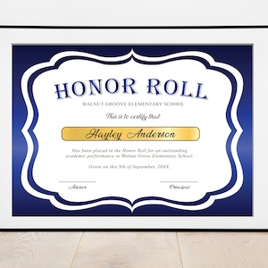 Editable Honor Roll Certificate Template, Royal Blue School Award ...
