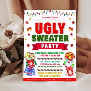 Editable Ugly Sweater Party Flyer, Printable Ugly Sweater Contest, Ugly ...