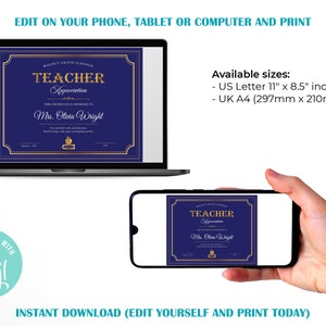 Editable Teacher Appreciation Certificate Blue, Appreciation Week ...