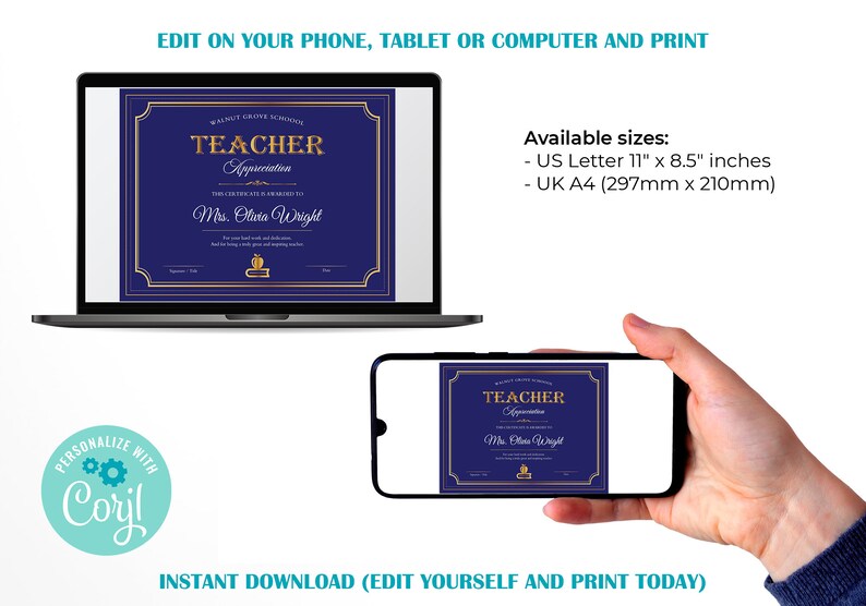 Editable Teacher Appreciation Certificate Blue Appreciation - Etsy