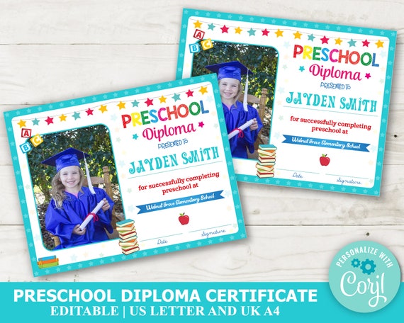 Editable Preschool Diploma with Picture, Preschool Diploma Homeschool ...