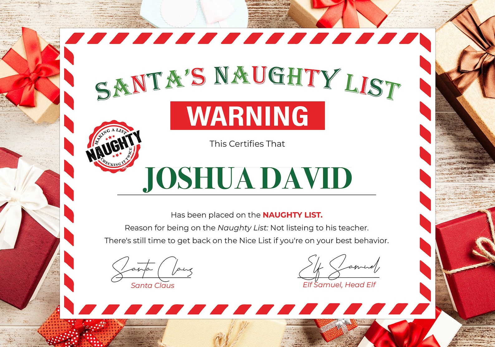 Editable Santa Warning Letter, Printable Santa Naughty List Certificate ...