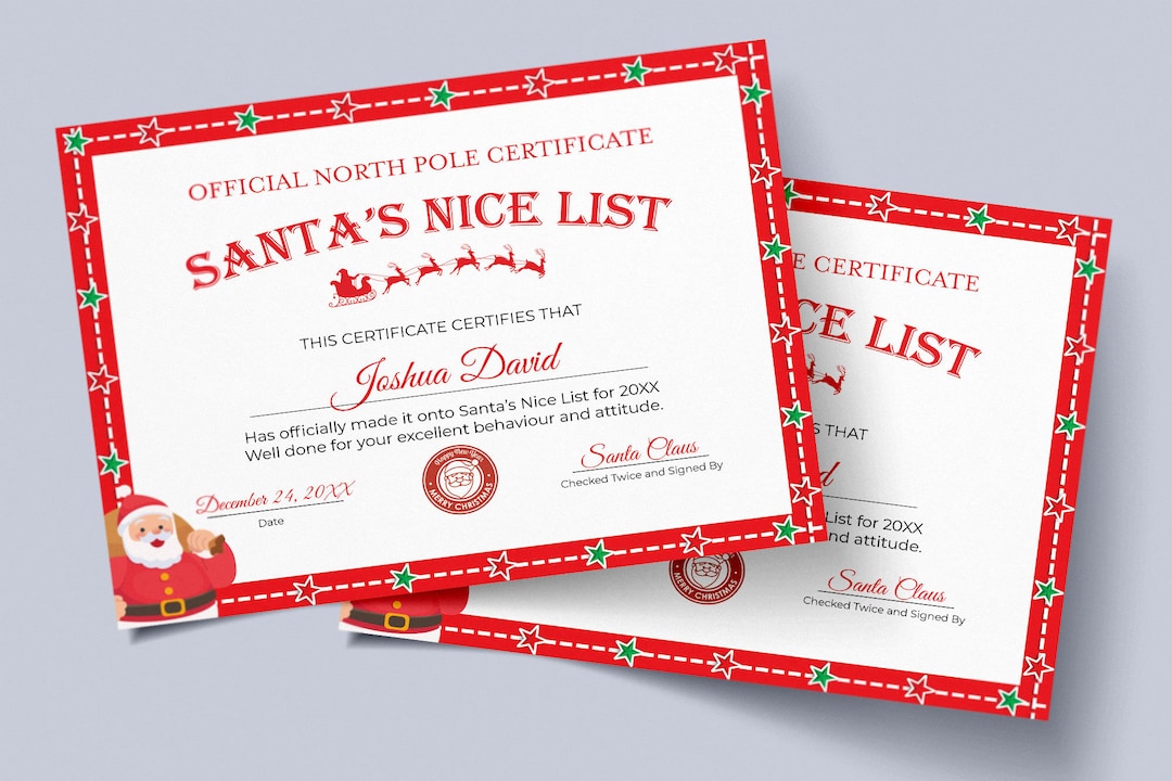 Editable Santa Certificate, Cute Nice List Certificate, Santa Claus ...