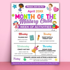 Editable Month of Military Child Week of Activities Flyer, PTO PTA ...