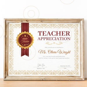 Teacher Appreciation Award Certificate Template | Teacher Gift | Award ...