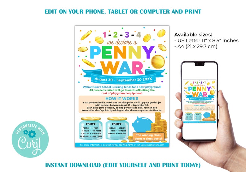 Editable Penny War Fundraiser Flyer Church Nonprofit PTO PTA - Etsy