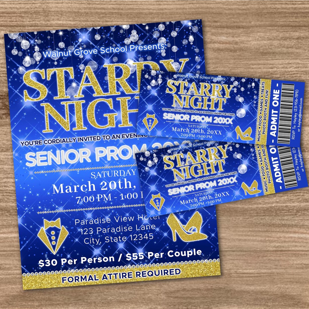 Editable Starry Night Prom Invitation Ticket and Flyer Template Bundle, Under the Stars Template ...