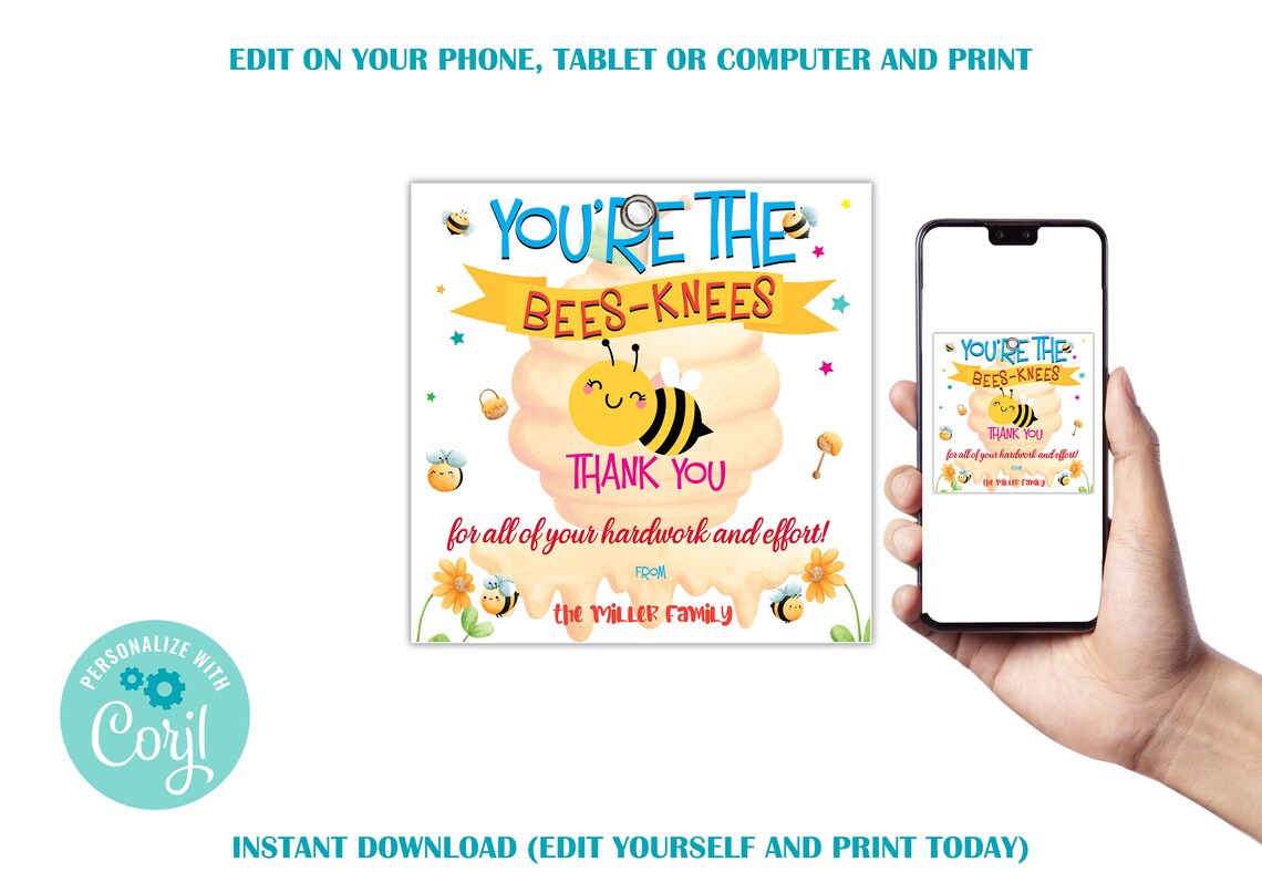 EDITABLE Thank You Gift Tag Template You're the Bees | Etsy
