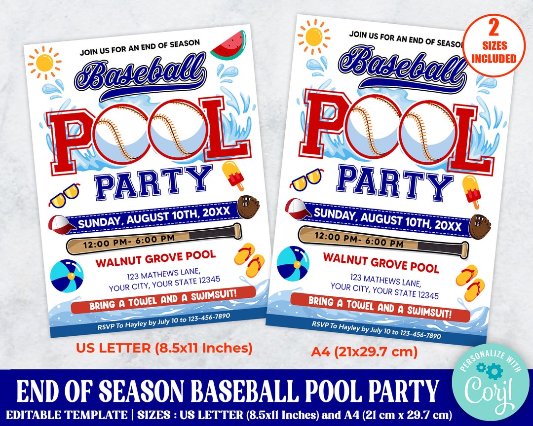 Editable End of Season Baseball Pool Party, Baseball Pool Bash, Party ...