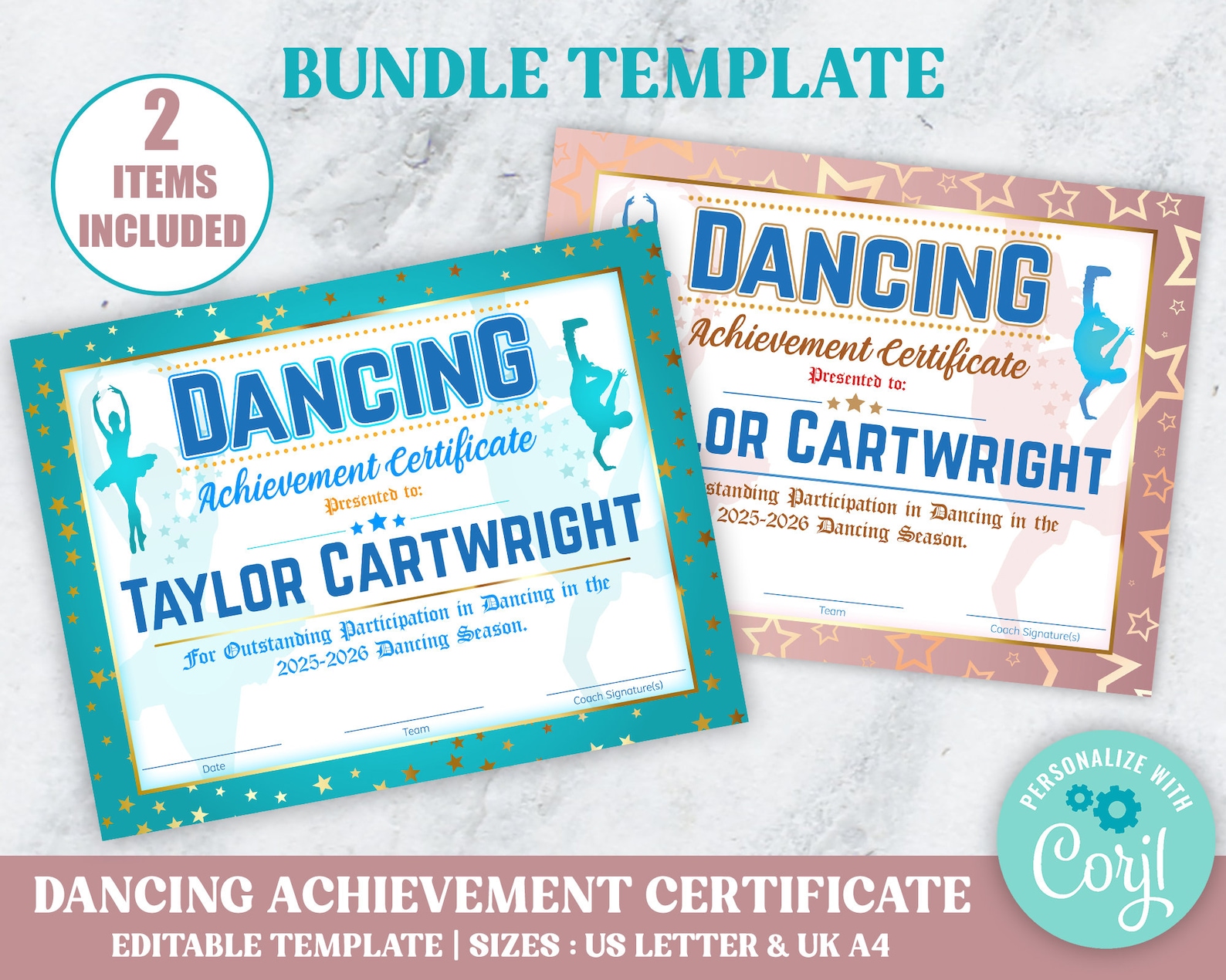 EDITABLE Dancer Certificate Dancing Award BUNDLE Dance - Etsy