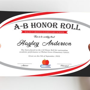 Editable AB Honor Roll Certificate Template, Red Black School Award ...