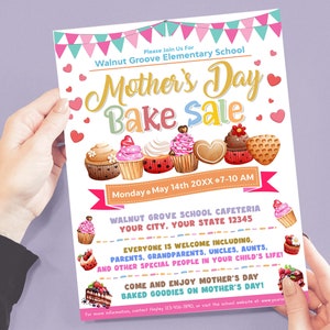 Editable Mother's Day Bake Sale Flyer, School PTO PTA Fundraiser Event ...