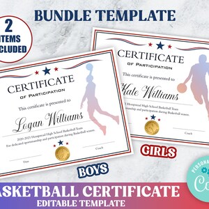 Editable Basketball Certificate Template Bundle for Boys and Girls, Red ...