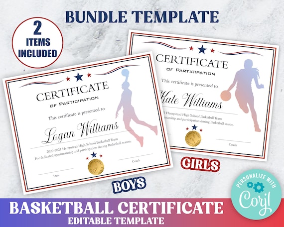 Editable Basketball Certificate Template Bundle for Boys and Girls, Red ...