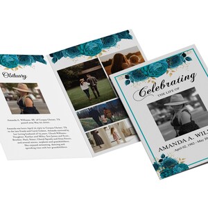 8 Page Turquoise Rose Funeral Program Template for Woman, Editable ...