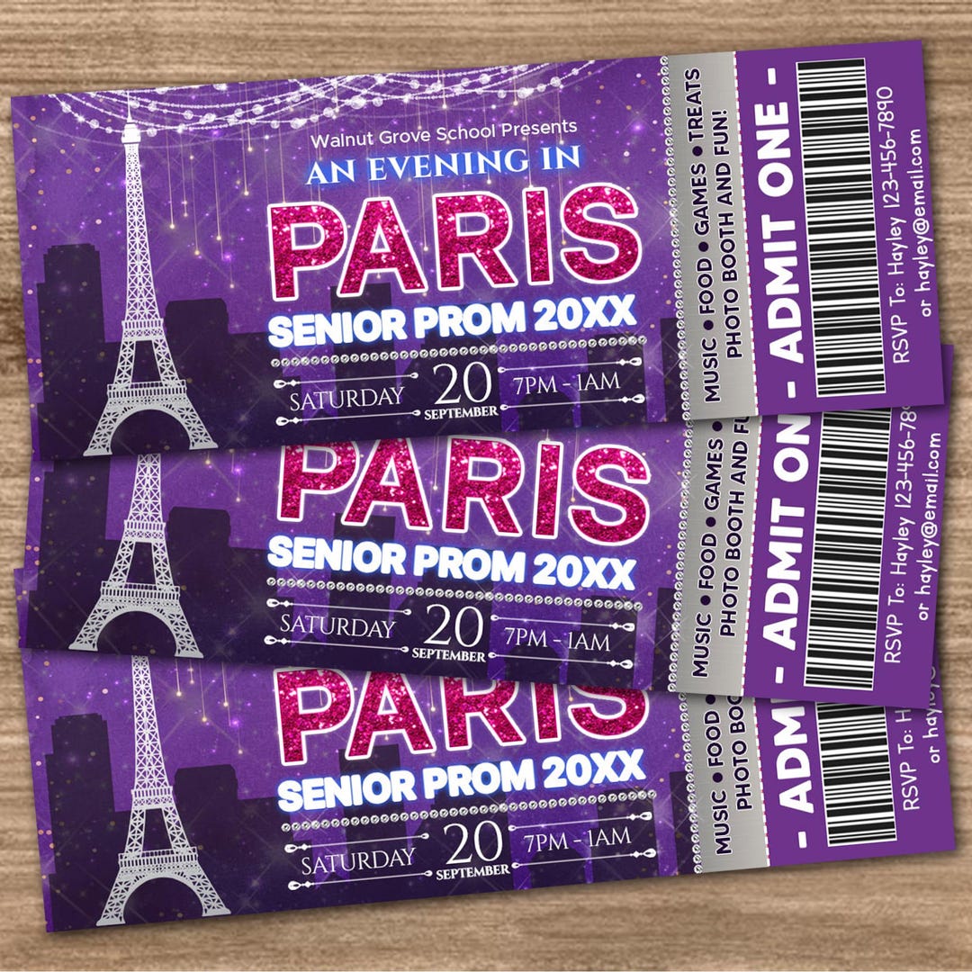 Editable an Evening in Paris Ticket Template, A Night in Paris Prom ...