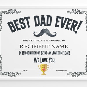 Father Certificate, Best Dad Ever Certificate Award, World's Best Dad ...