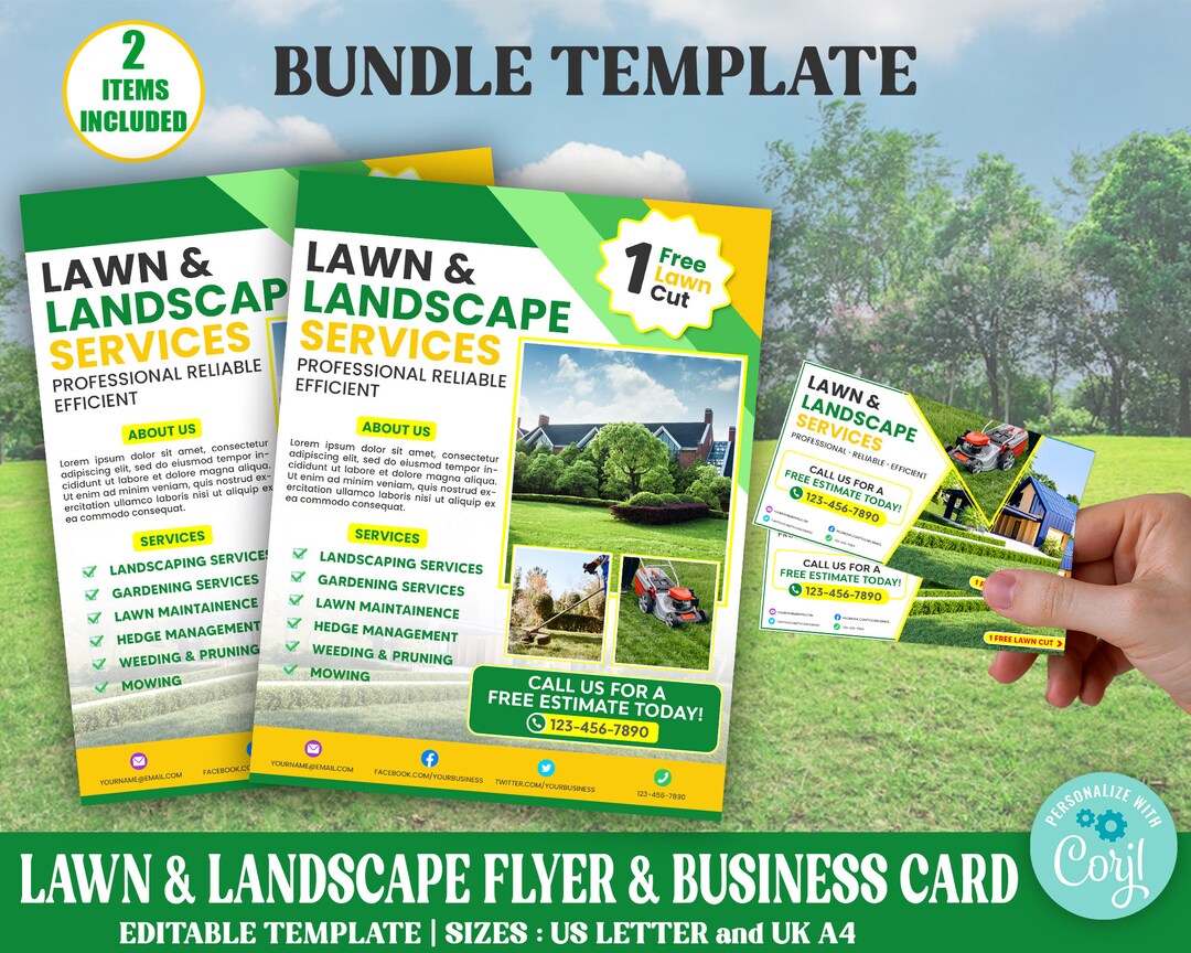 Editable Lawn and Landscaping Flyer and Business Card Bundle ...