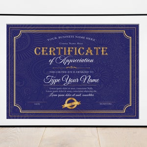 Editable Certificate of Appreciation Royal Blue and Gold, Elegant ...