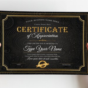 Editable Certificate of Appreciation Gold and Black, Custom Award ...