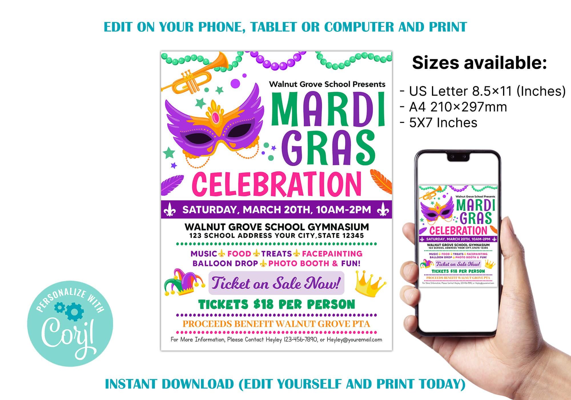 Editable Mardi Gras Celebration Ticket and Flyer Bundle Template, Mardi ...