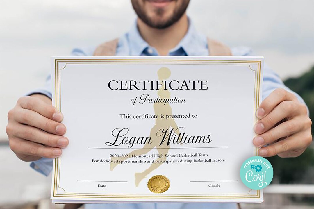 Downloadable Basketball Certificate Template, Basketball Participation ...